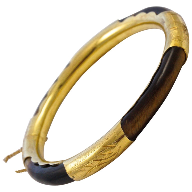 Chinese Silver Gilt and Tigers Eye Bangle Bracelet with a Safety Chain ...