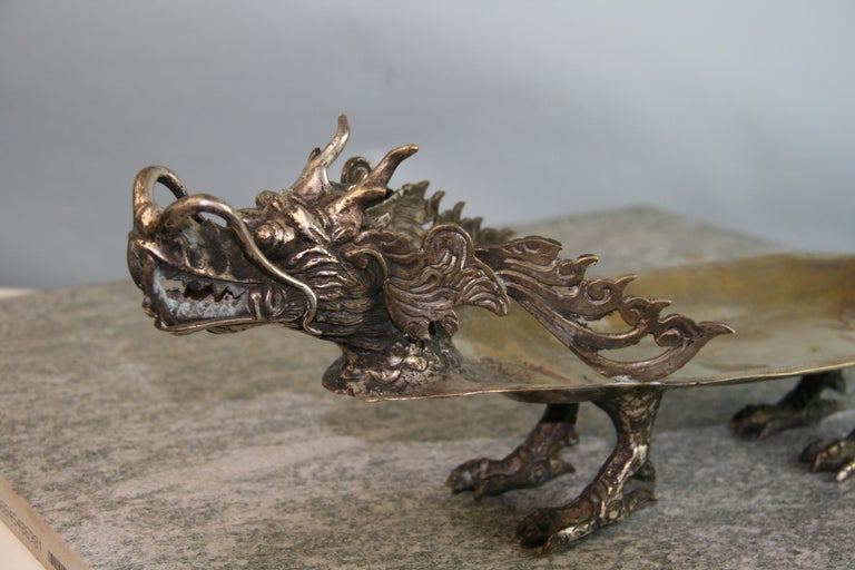 Chinese Silvered Bronze Dragon Sculpture/Serving Platter at 1stDibs