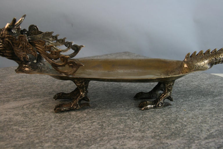 Chinese Silvered Bronze Dragon Sculpture/Serving Platter at 1stDibs