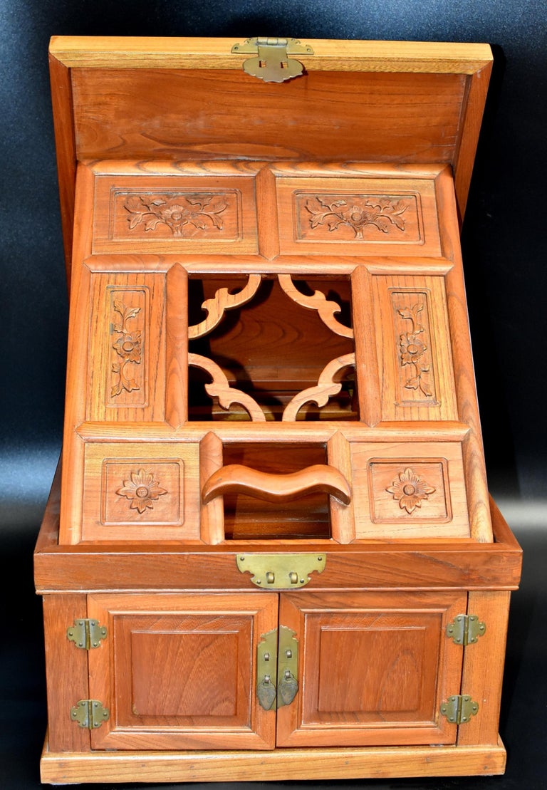Chinese Solid Elm Jewellery Box with Carved Flowers For Sale at 1stDibs