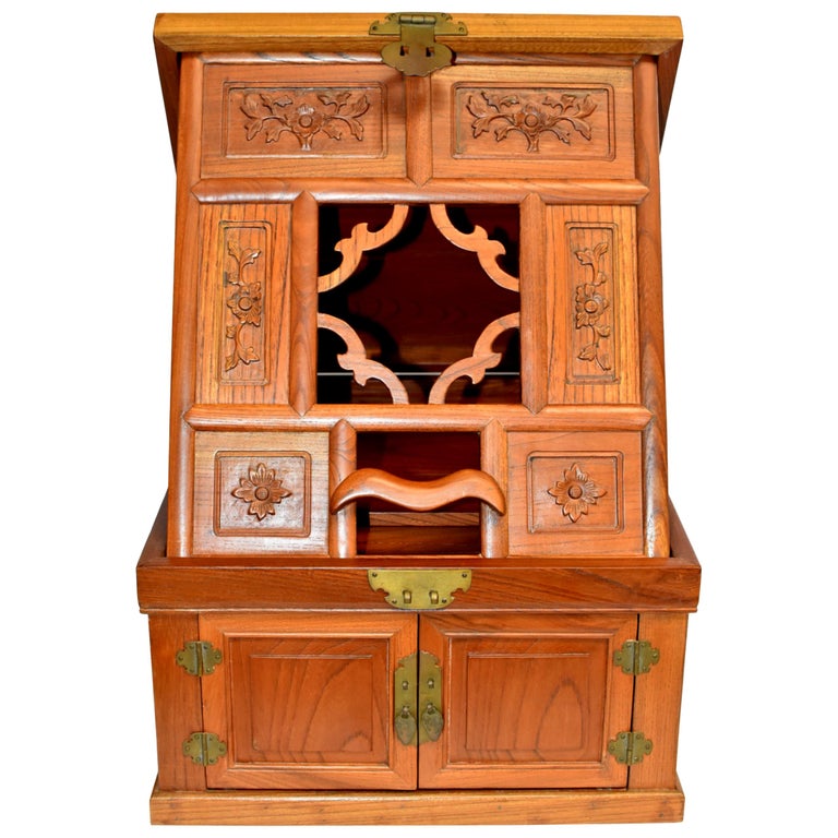 Chinese Solid Elm Jewellery Box with Carved Flowers For Sale at 1stDibs