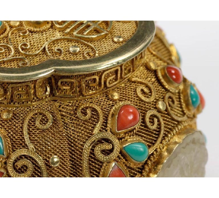 Chinese Sterling Silver Gilt Filigree Covered Box with Carved Jade at ...