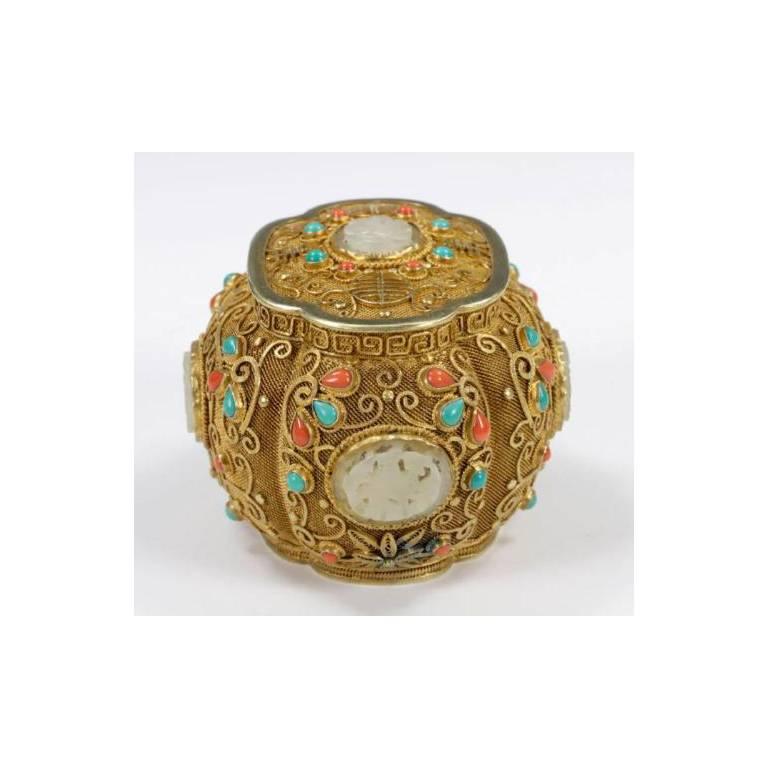 Chinese Sterling Silver Gilt Filigree Covered Box with Carved Jade at ...
