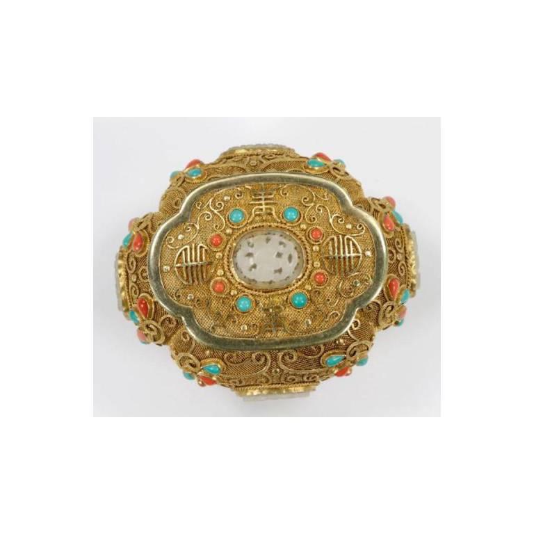 Chinese Sterling Silver Gilt Filigree Covered Box with Carved Jade at ...