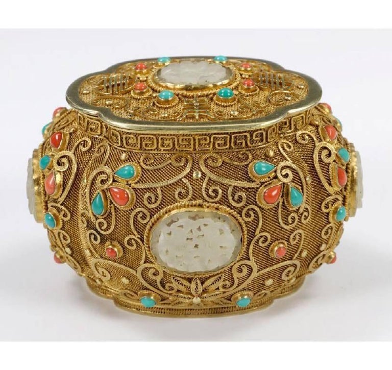 Chinese Sterling Silver Gilt Filigree Covered Box with Carved Jade at ...