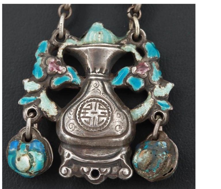 Chinese Sterling Silver Pendant Necklace-Rock Crystal Beaded Enamel ...