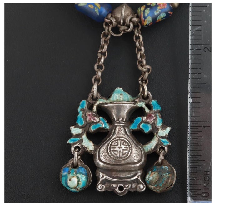Chinese Sterling Silver Pendant Necklace-Rock Crystal Beaded Enamel ...