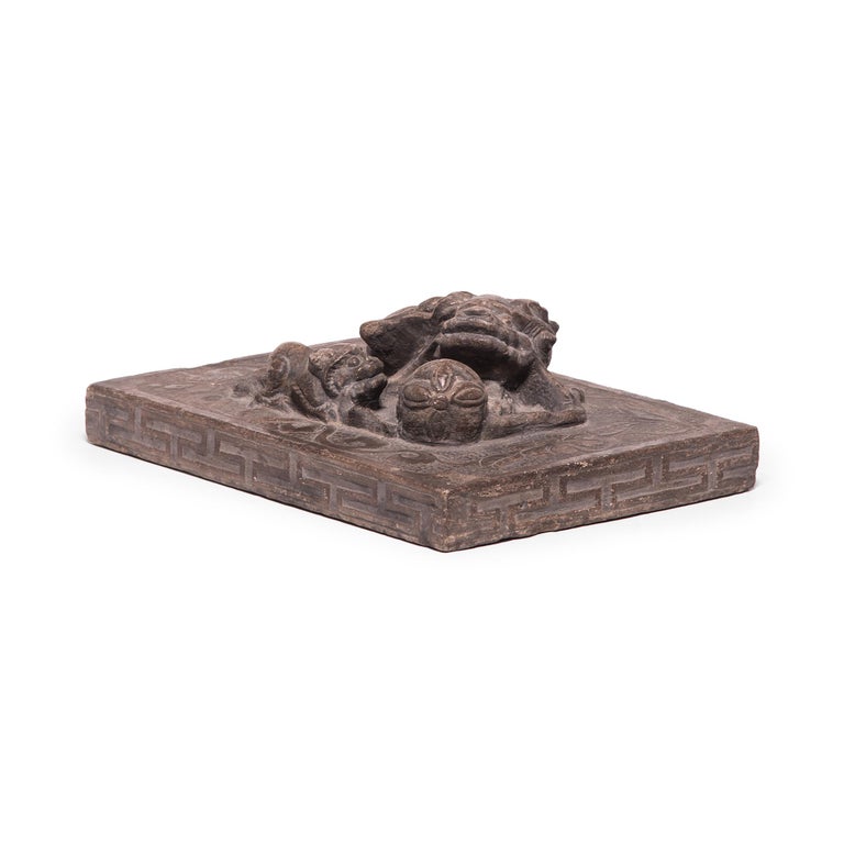 Chinese Stone Shoemaker's Weight with Mother, Cub, and Embroidered Ball ...