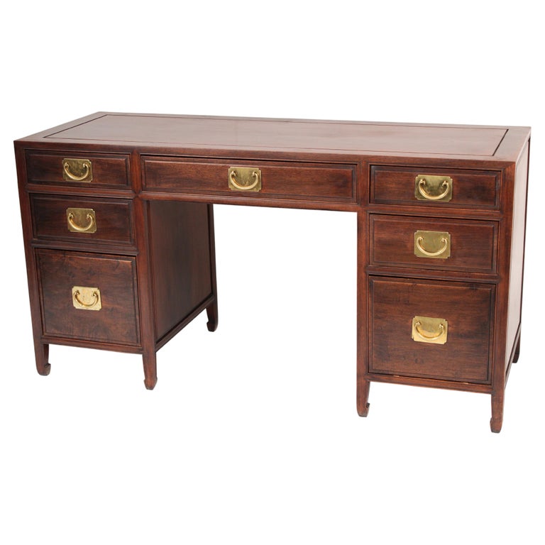 Chinese Teak Wood Double Pedestal Desk For Sale at 1stDibs