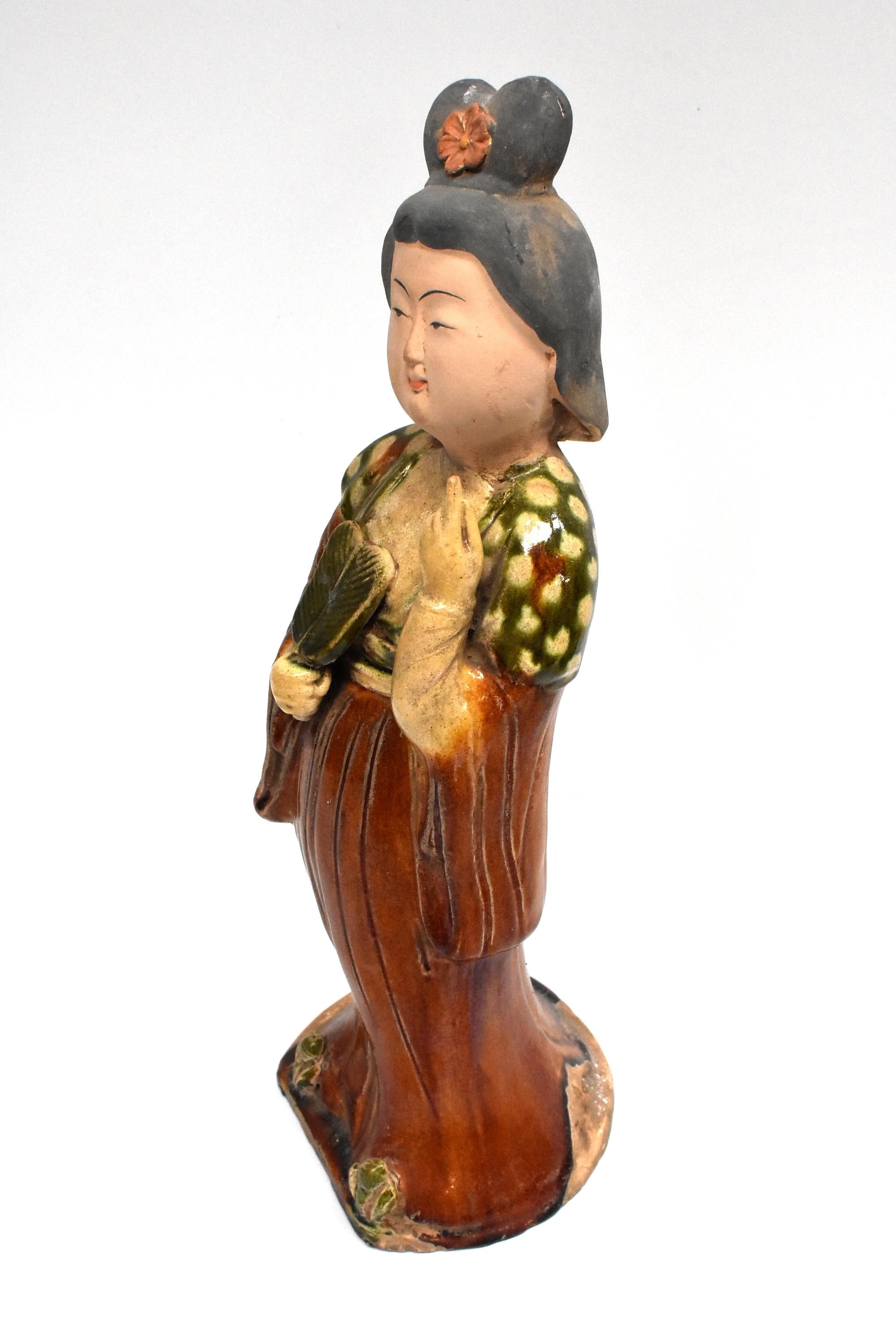 Chinese Terracotta Court Lady with a Fan Tang Style For Sale at 1stDibs