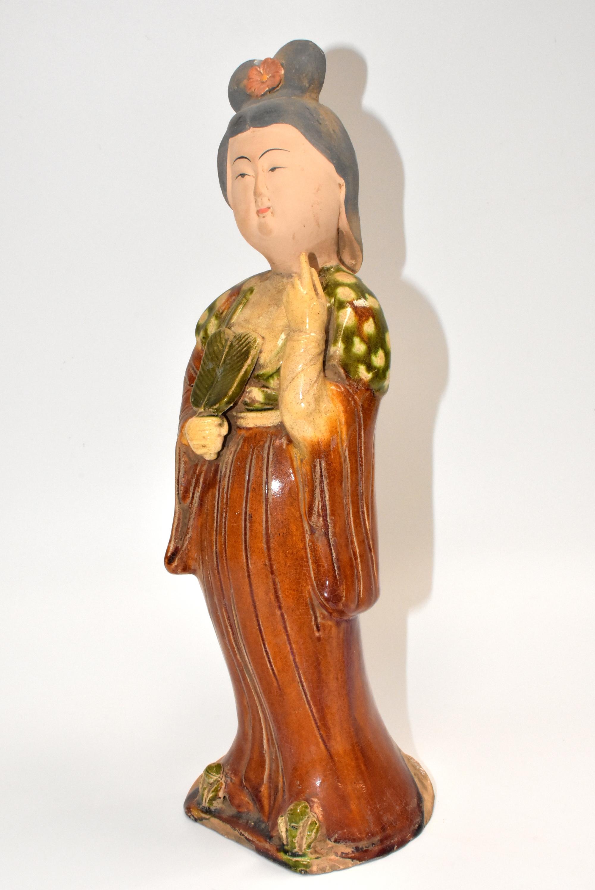 Chinese Terracotta Court Lady with a Fan Tang Style For Sale at 1stDibs