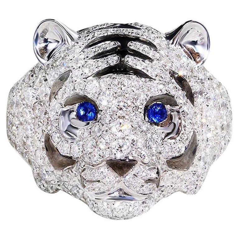 Chinese Tiger Blue Sapphira Diamond Ring 18 Karat Gold, White or Yellow ...