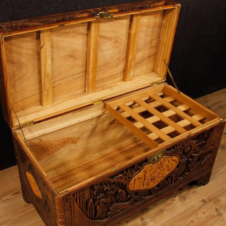 Chinese Trunk in Carved and Chiselled Wood with Oriental Landscapes and ...