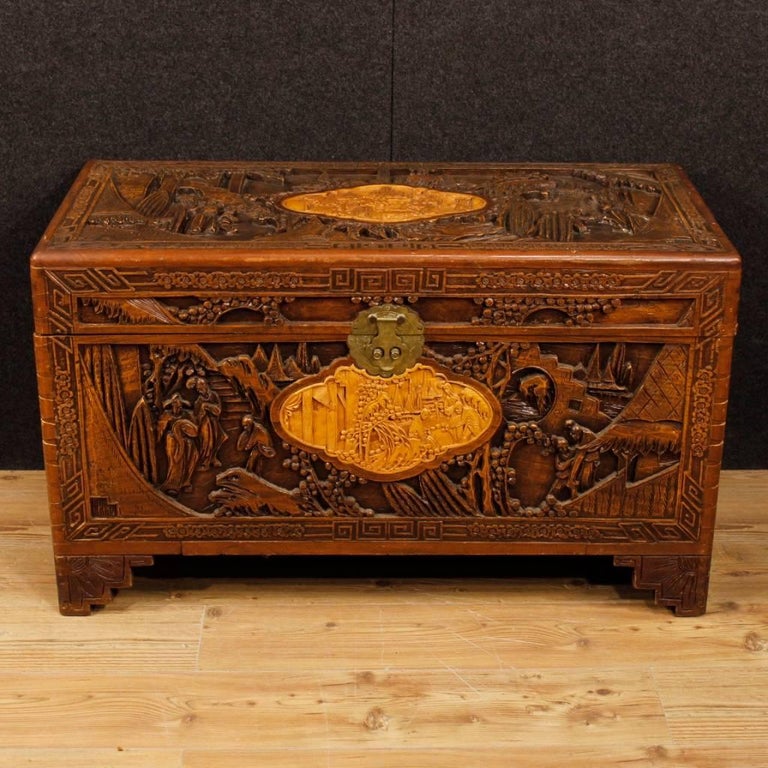 Chinese Trunk in Carved and Chiselled Wood with Oriental Landscapes and ...
