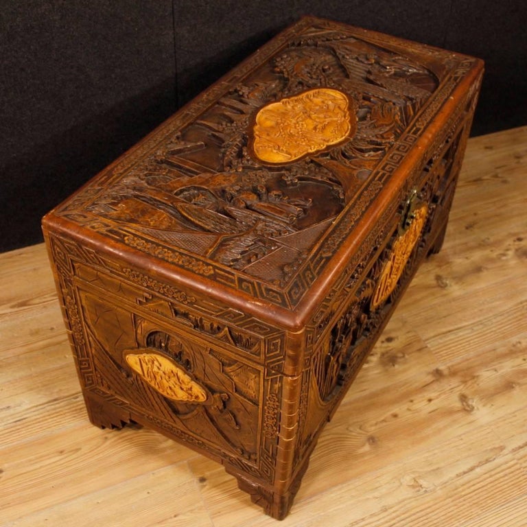 Chinese Trunk in Carved and Chiselled Wood with Oriental Landscapes and ...