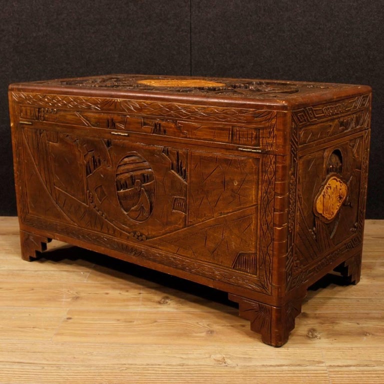 Chinese Trunk in Carved and Chiselled Wood with Oriental Landscapes and ...