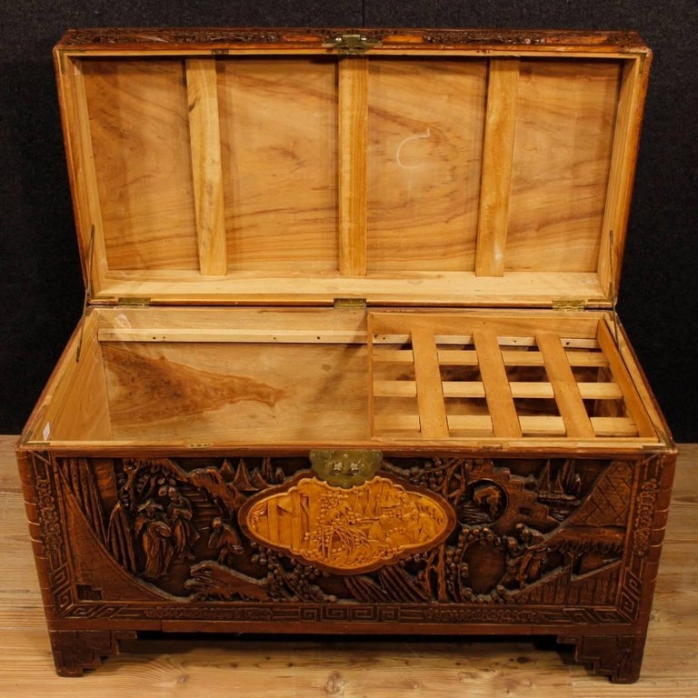 Chinese Trunk in Carved and Chiselled Wood with Oriental Landscapes and ...
