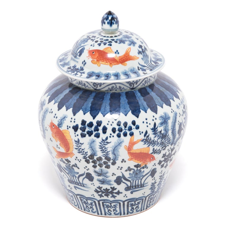 Chinese Underglaze Indigo and Copper Fish Jar For Sale at 1stDibs