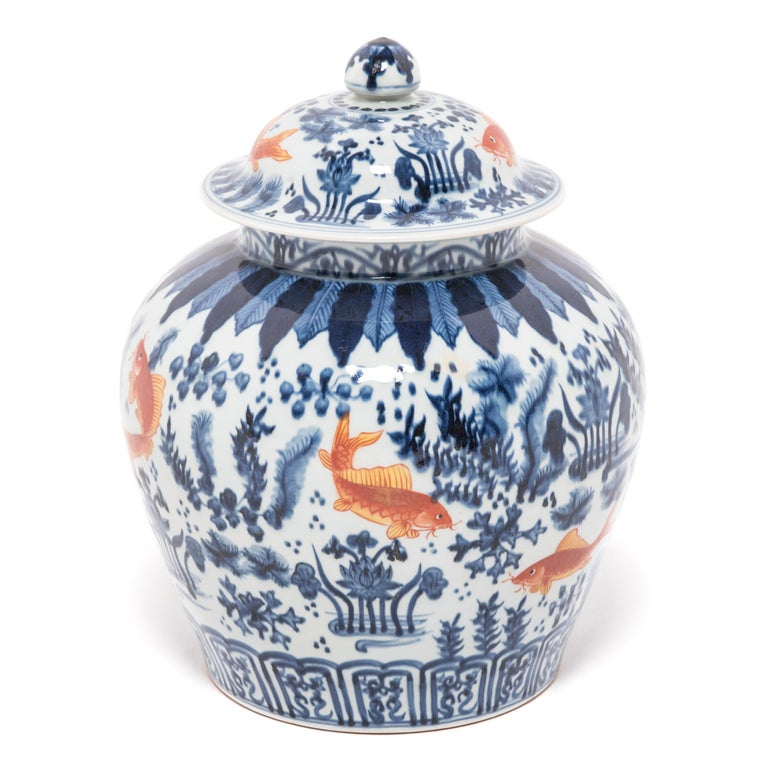 Chinese Underglaze Indigo and Copper Fish Jar For Sale at 1stDibs