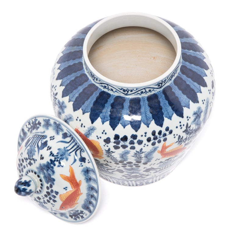 Chinese Underglaze Indigo and Copper Fish Jar For Sale at 1stDibs