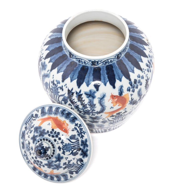 Chinese Underglaze Indigo and Copper Fish Jar For Sale at 1stDibs