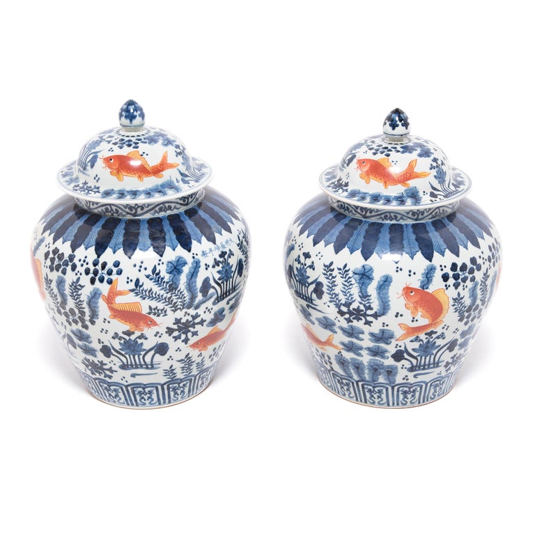 Chinese Underglaze Indigo and Copper Fish Jar For Sale at 1stDibs