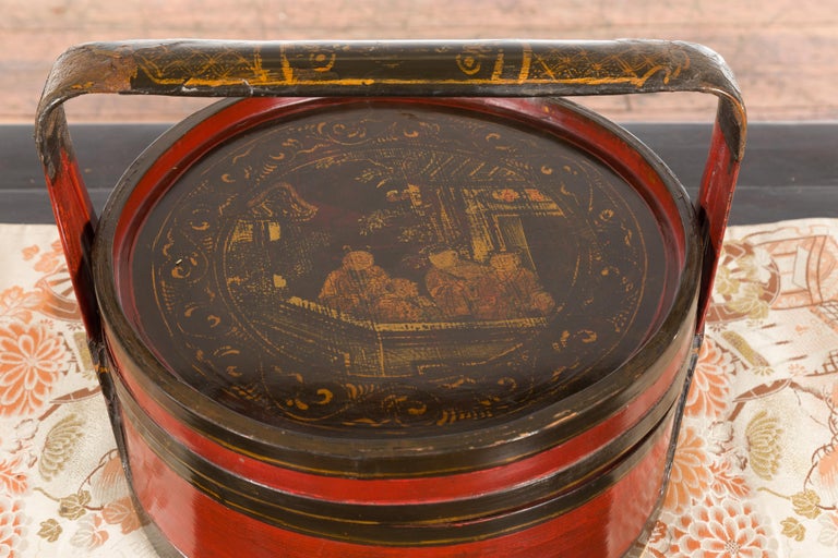 Chinese Vintage Black and Red Round Picnic Basket with Gilt Chinoiserie ...