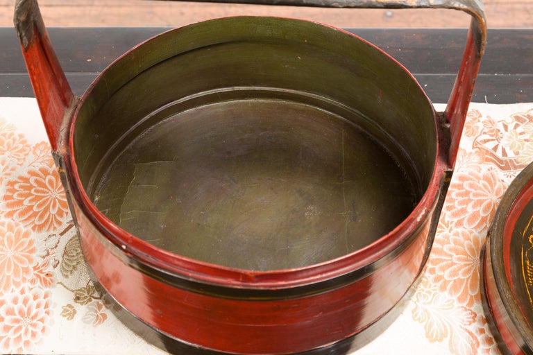 Chinese Vintage Black and Red Round Picnic Basket with Gilt Chinoiserie ...