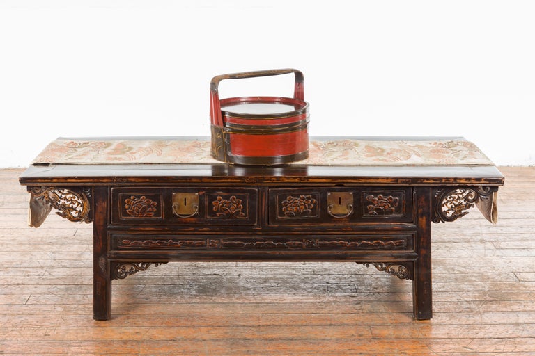 Chinese Vintage Black and Red Round Picnic Basket with Gilt Chinoiserie ...