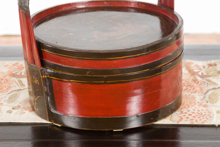 Chinese Vintage Black and Red Round Picnic Basket with Gilt Chinoiserie ...