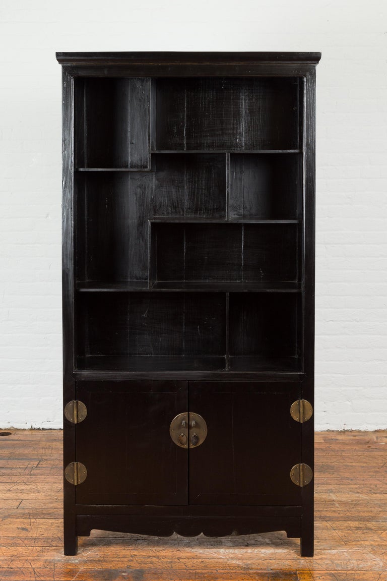 Chinese Vintage Black Lacquer Bookcase with Irregular Shelves and Two ...
