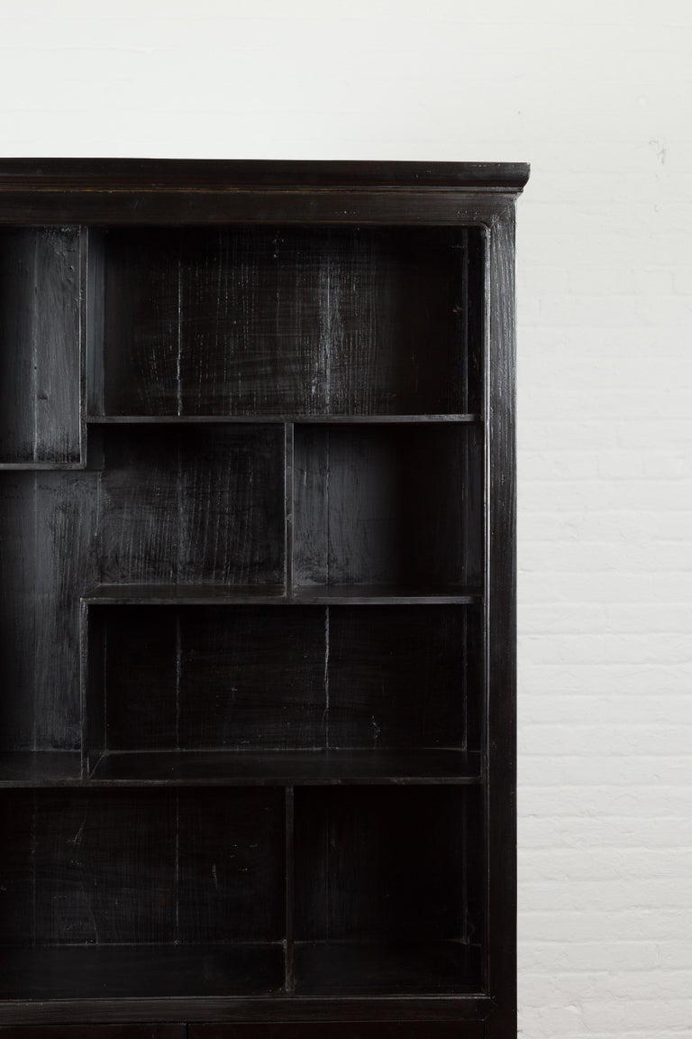 Chinese Vintage Black Lacquer Bookcase with Irregular Shelves and Two ...