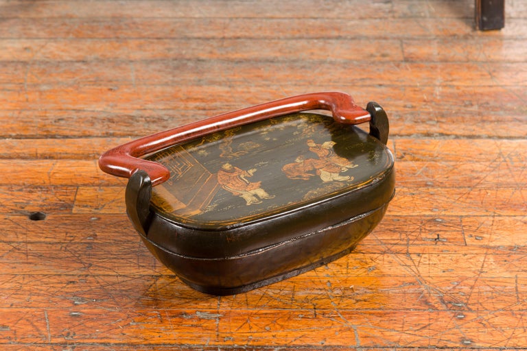 Chinese Vintage Black Lacquer Lidded Box with Hand-Painted Chinoiserie ...