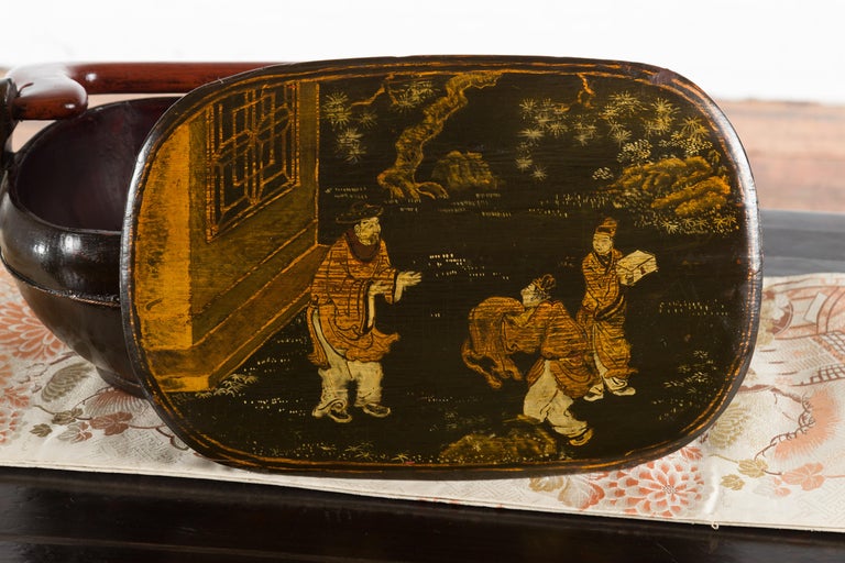 Chinese Vintage Black Lacquer Lidded Box with Hand-Painted Chinoiserie ...