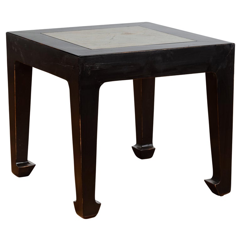 Chinese Vintage Black Lacquer Side Table with Qing Dynasty Period Stone ...