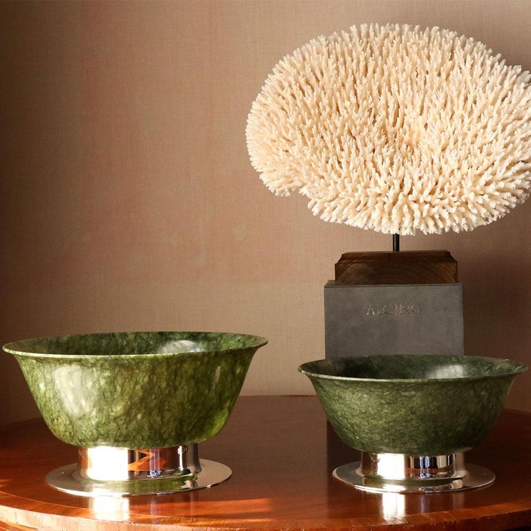 Chinese Vintage Carved Jade Bowl with Sterling Silver Base by Alcino ...