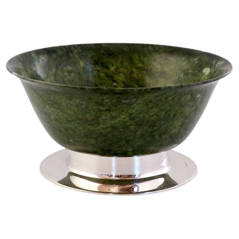 Chinese Vintage Carved Jade Bowl with Sterling Silver Base by Alcino ...