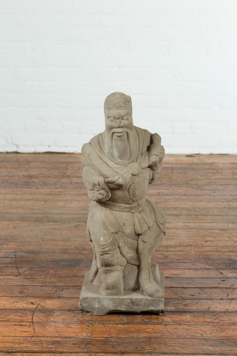 Chinese Vintage Carved Stone Sculpture Depicting a Seated Monk Holding ...