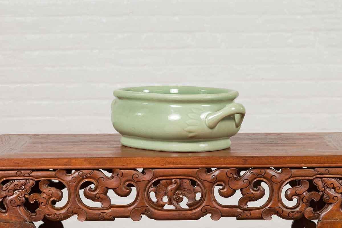 Chinese Vintage Celadon Foot Bath with Two Handles and Foliage Motifs ...