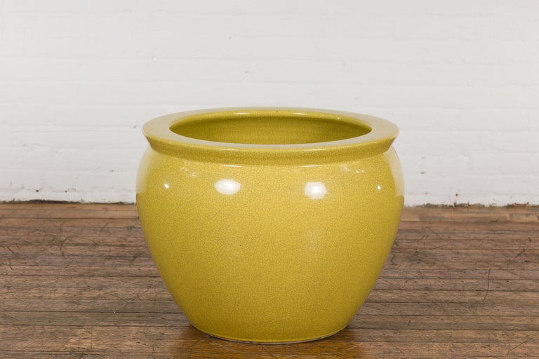 Chinese Vintage Circular Garden Planter with Yellow Crackle Glaze For ...