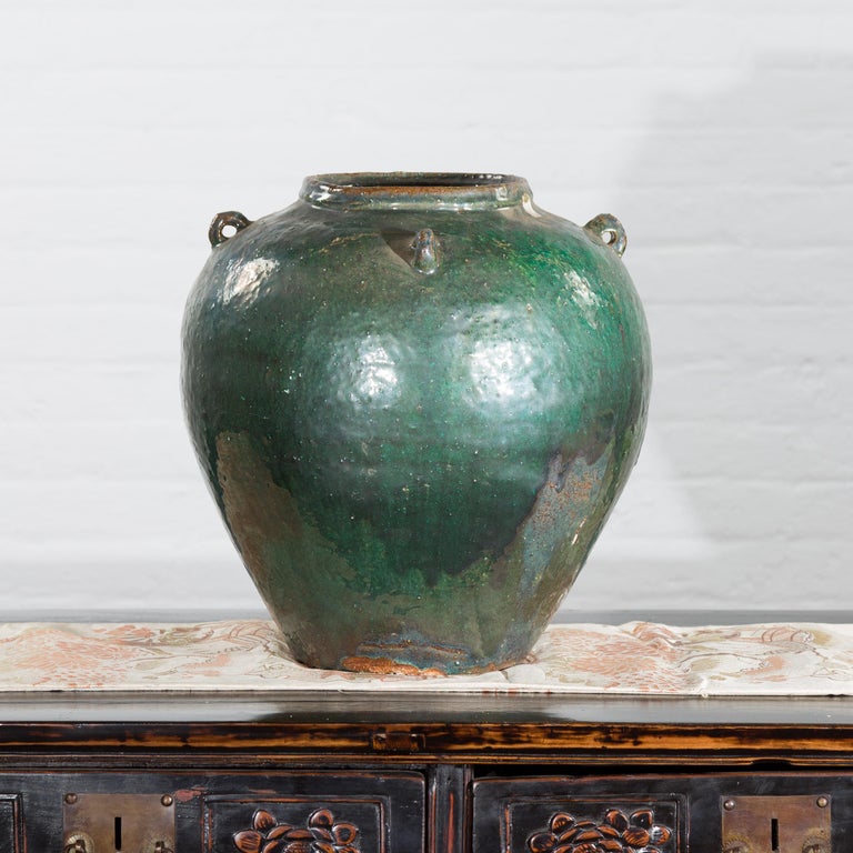 Chinese Vintage Hunan Style Green Glazed Water Jar with Petite Loop ...