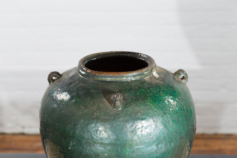 Chinese Vintage Hunan Style Green Glazed Water Jar with Petite Loop ...