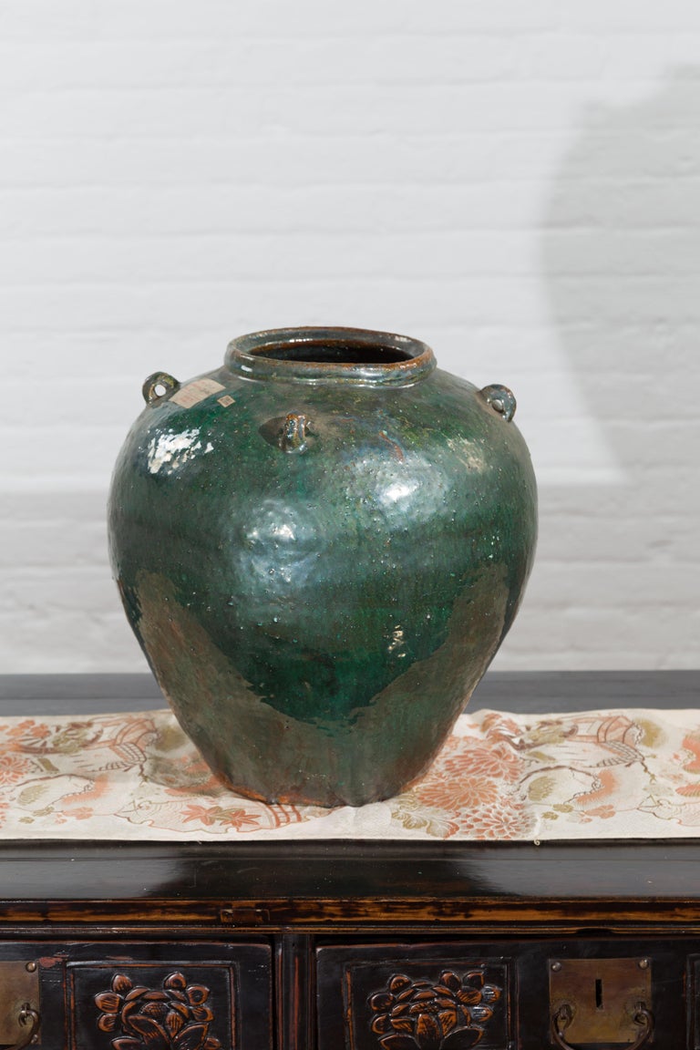Chinese Vintage Hunan Style Green Glazed Water Jar with Petite Loop ...