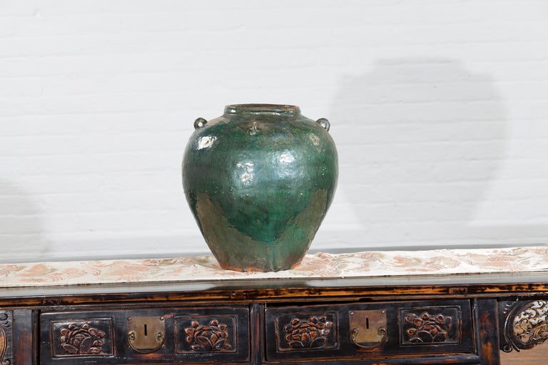 Chinese Vintage Hunan Style Green Glazed Water Jar with Petite Loop ...
