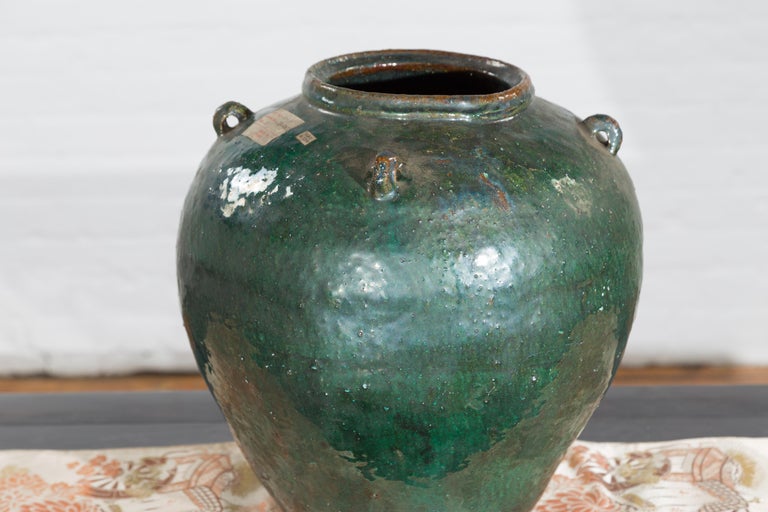 Chinese Vintage Hunan Style Green Glazed Water Jar with Petite Loop ...