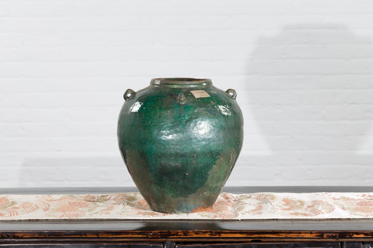 Chinese Vintage Hunan Style Green Glazed Water Jar with Petite Loop ...