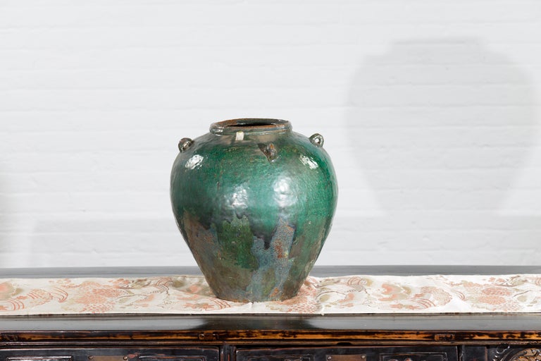 Chinese Vintage Hunan Style Green Glazed Water Jar with Petite Loop ...