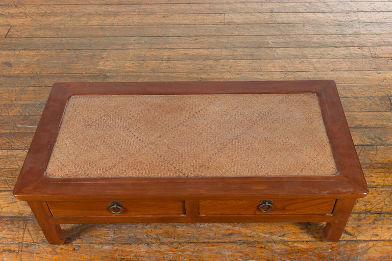 Chinese Vintage Low Elmwood Table with Rattan Inset Top and Two Drawers ...