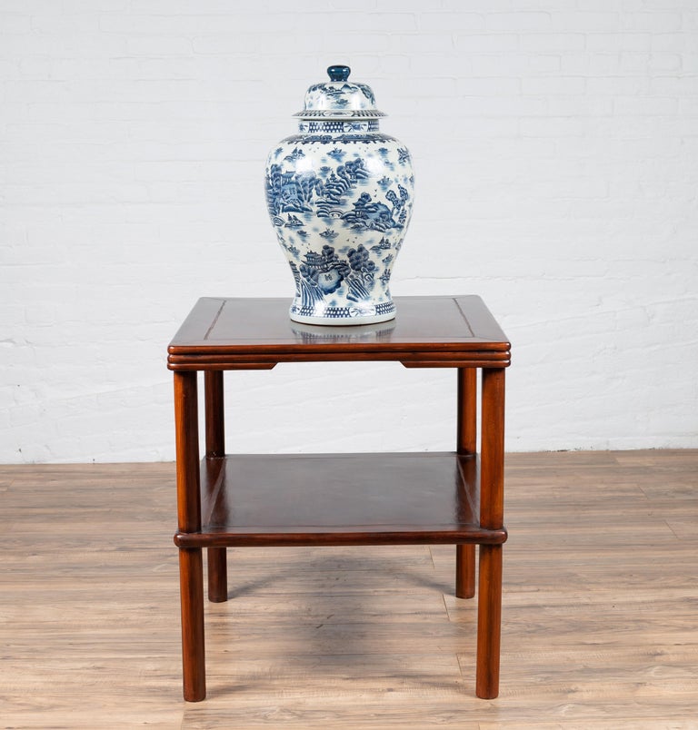 Chinese Vintage Midcentury Square-Shaped Side Table with Lower Shelf ...