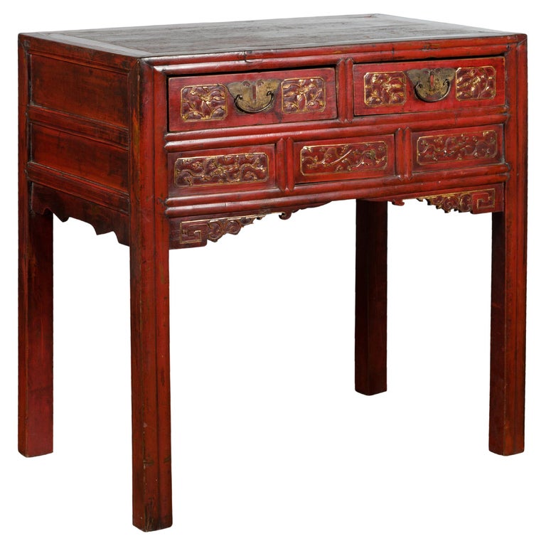 Chinese Vintage Red Lacquer Console Table with Carved Gilt Floral ...
